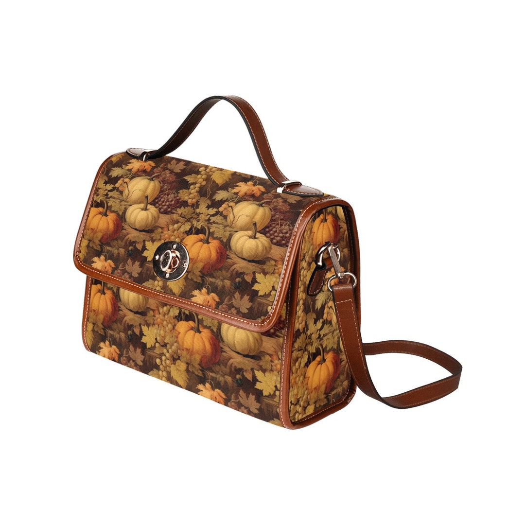 Autumn Fall Canvas Satchel Bag, Vintage Pumpkins Grapes Waterproof ...