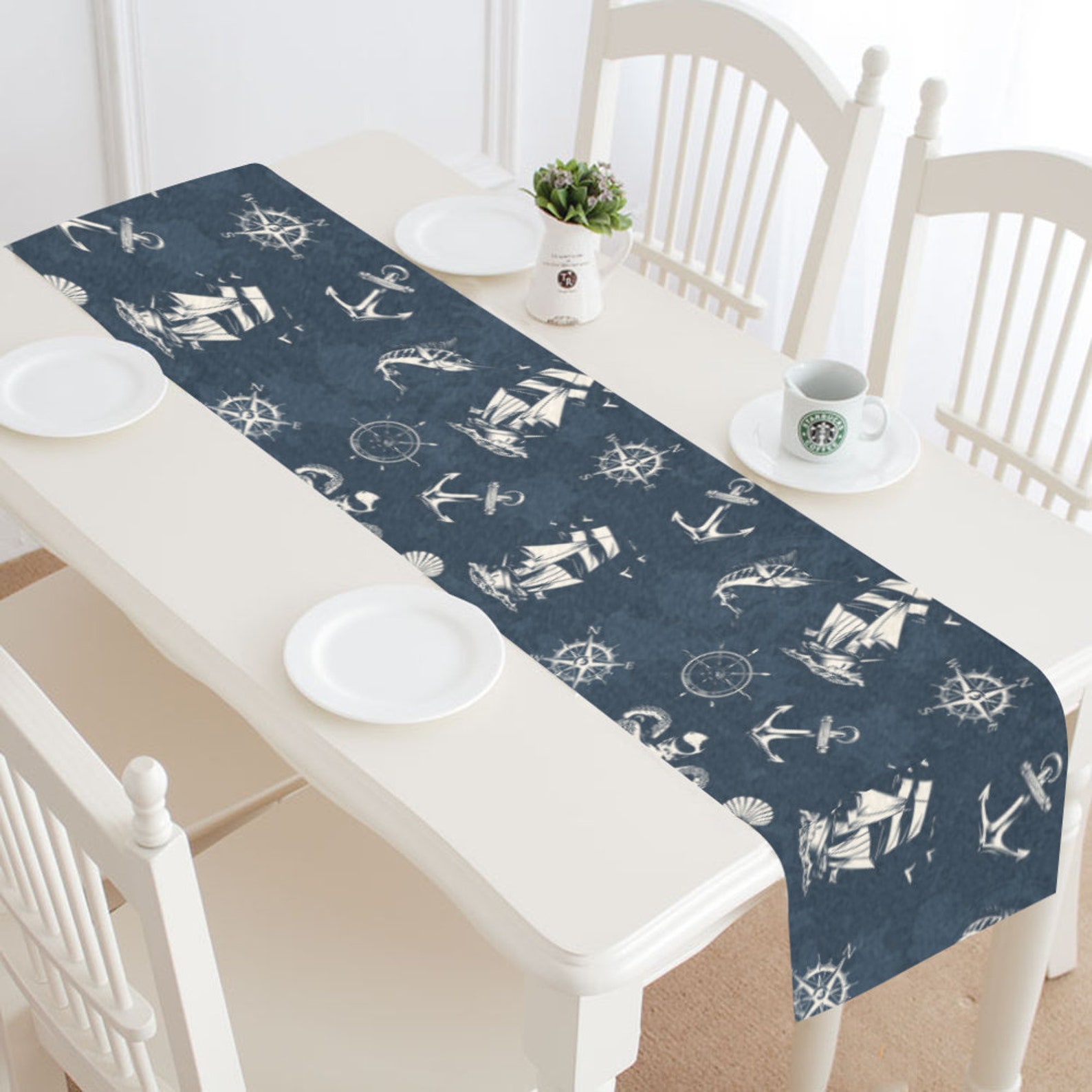 Nautical Navy Blue Table Runner Ocean Sea Anchor Coastal - Etsy