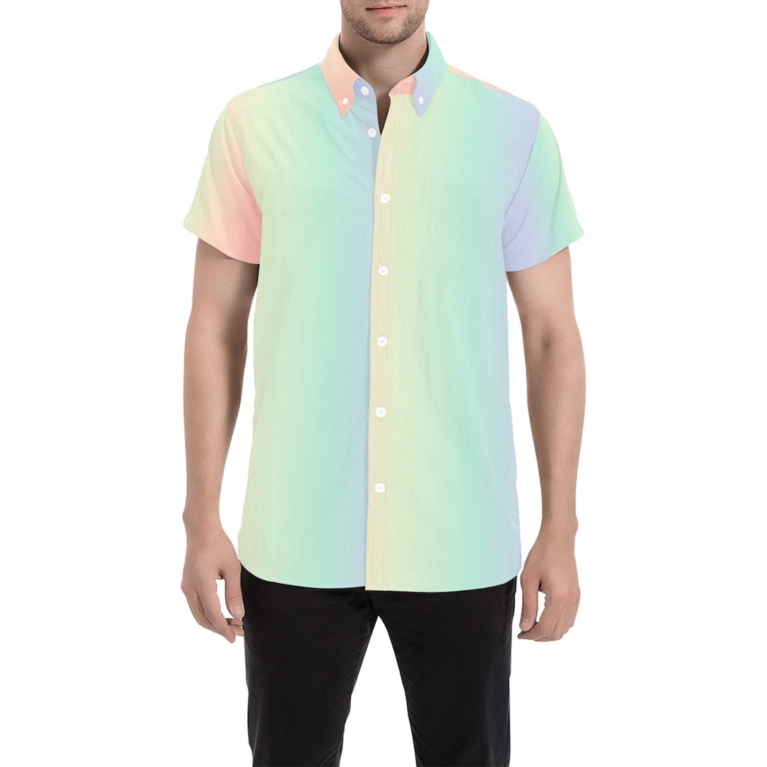 Pastel Rainbow Shirt Mens, Ombre Striped Short Sleeve Button up Green ...