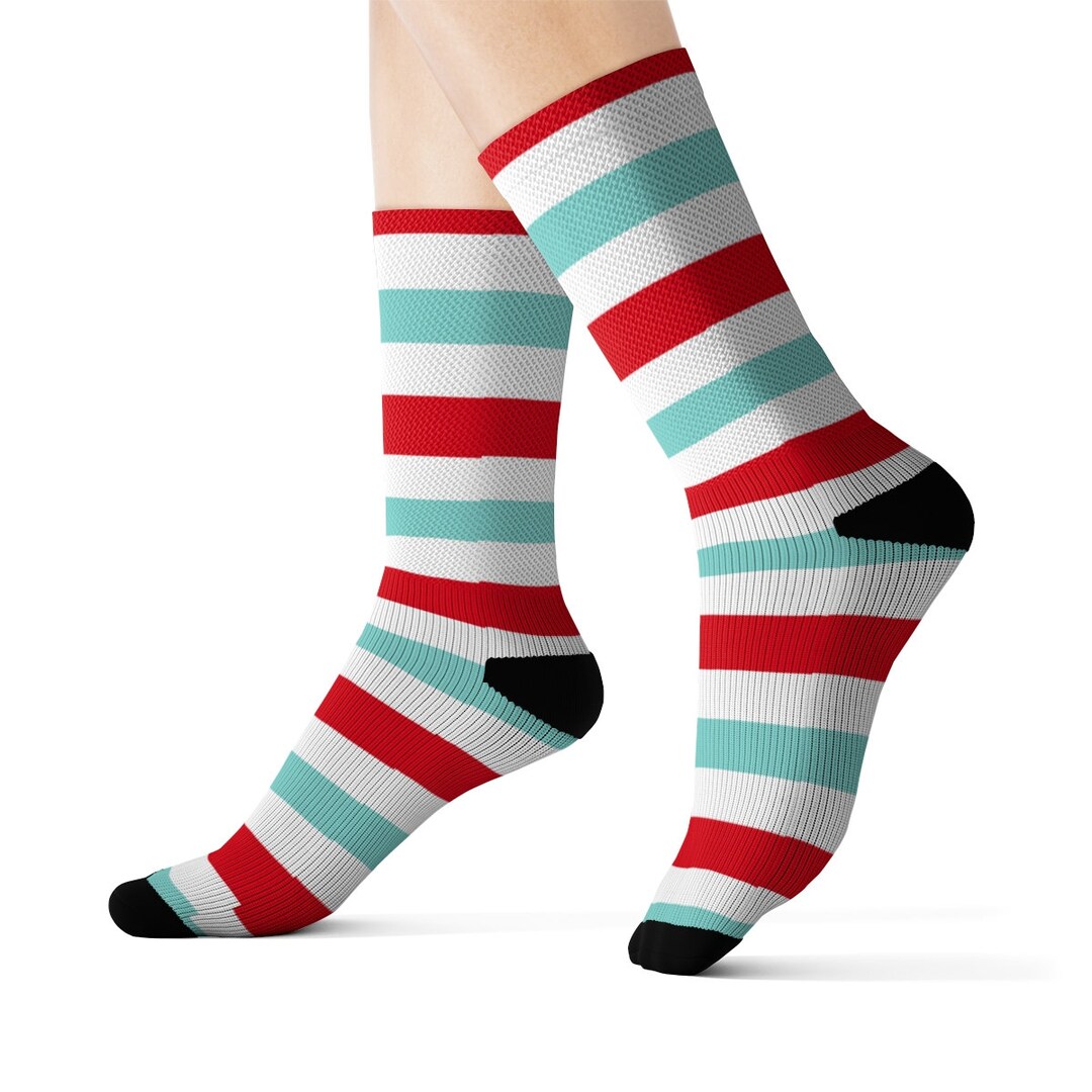 Candy Cane Socks, Aqua Blue Red White Horizontal Stripes Christmas 3D ...