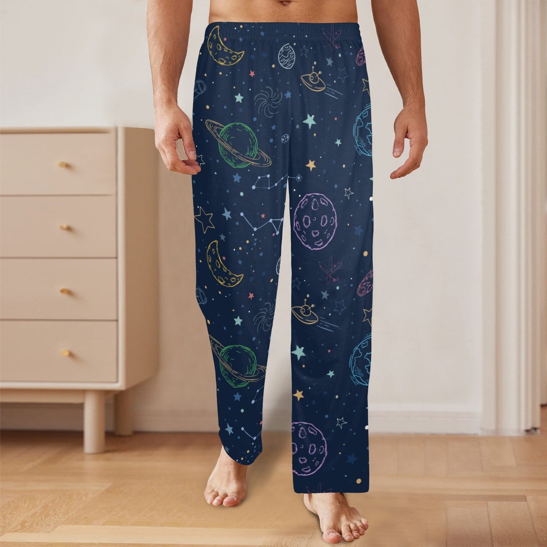 Planets Space Men Pajamas Pants, Galaxy Stars Celestial Universe Satin ...