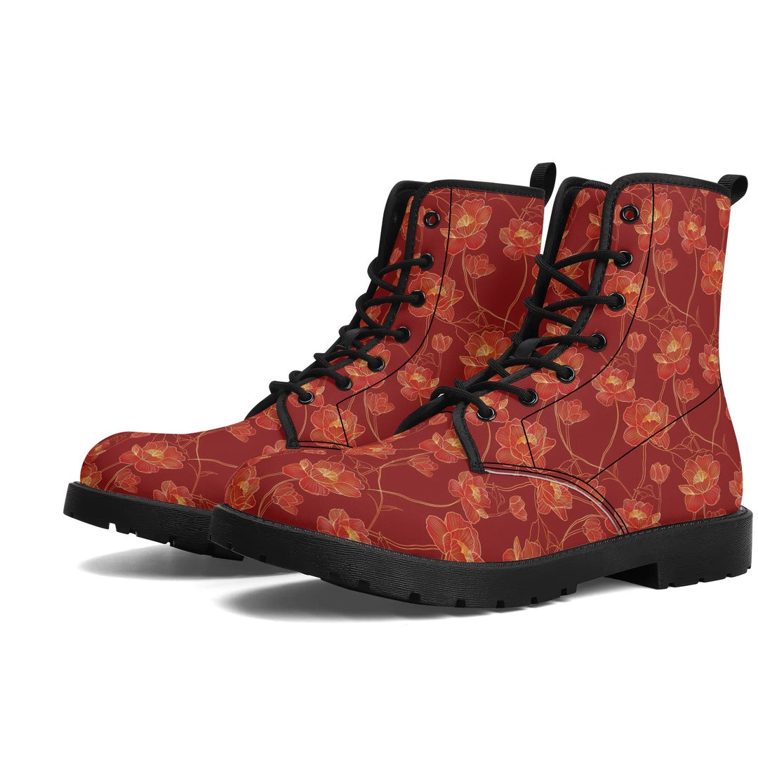 Red Floral Women Leather Combat Boots, Gold Flowers Asian Vegan Lace up ...