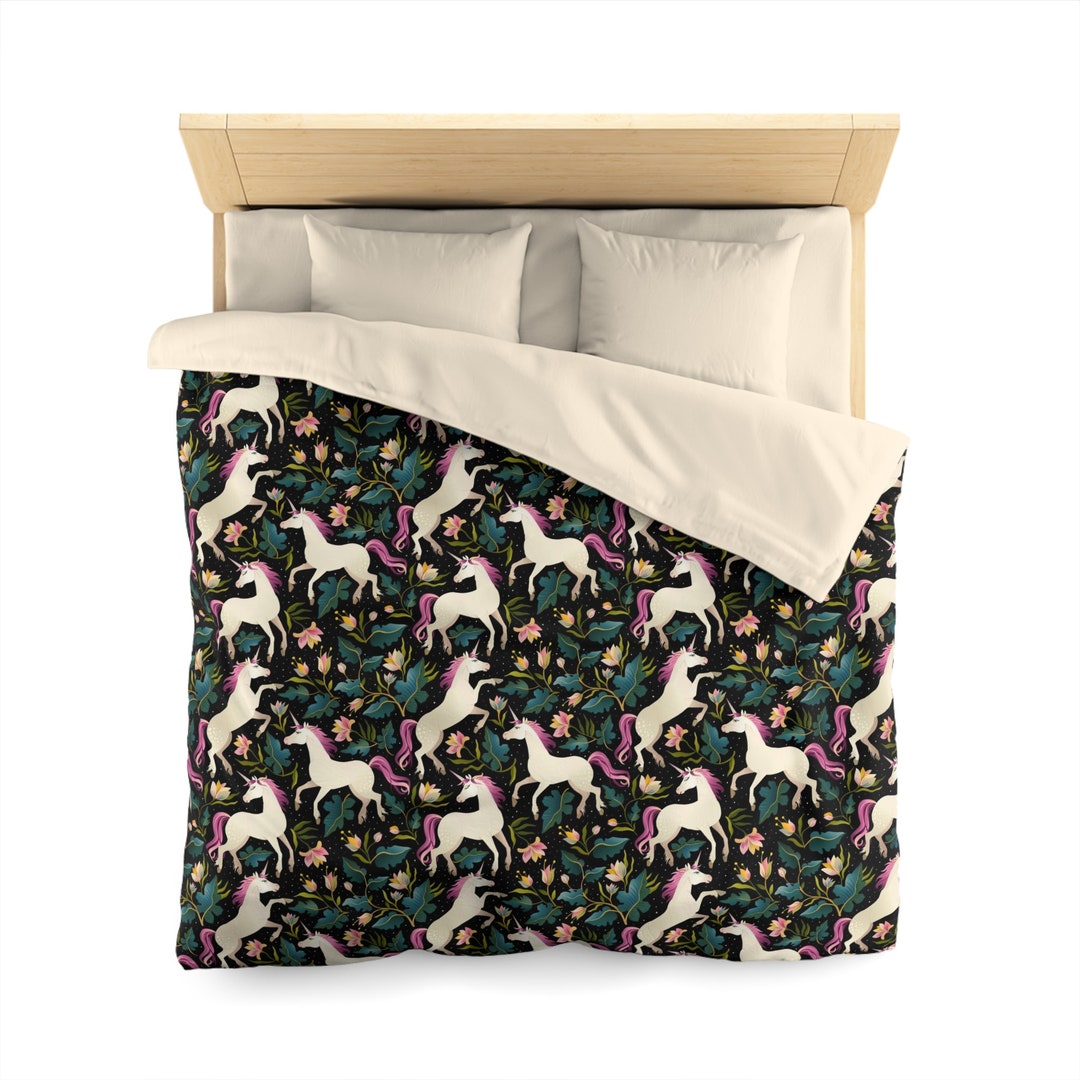 Unicorn Duvet Cover, Mystical Bedding Vintage Boho Flowers Microfiber ...