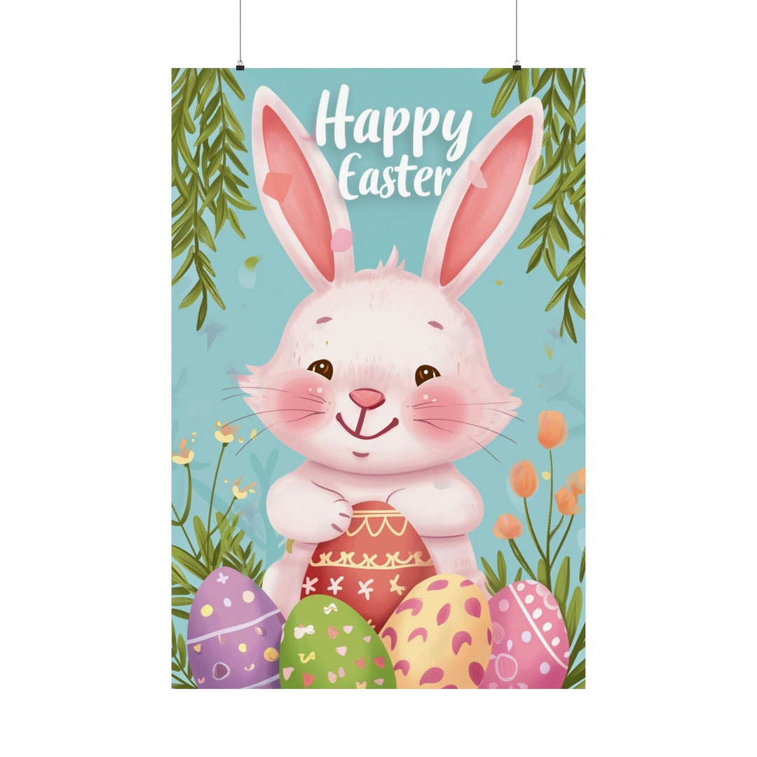 Happy Easter Poster Print, Bunny Eggs Hunt Rabbit Nursery Wall Image ...