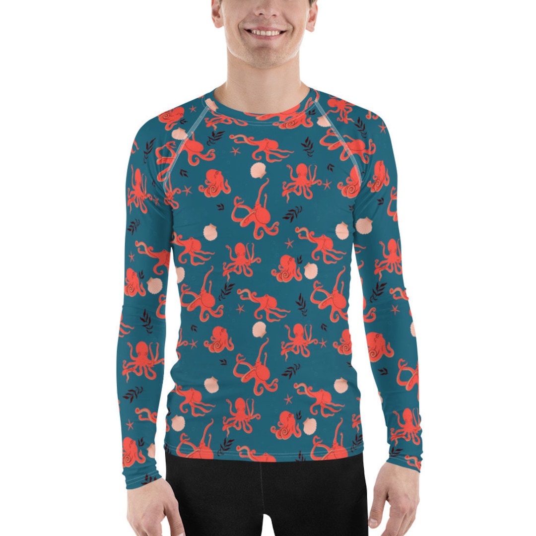 Octopus Men Rash Guard, Ocean Sea Print Surf Long Sleeve Swim Shirt ...