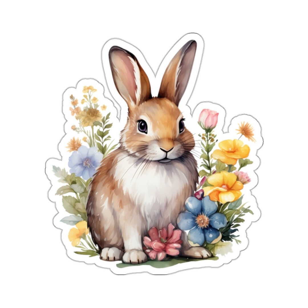 Bunny Rabbit Sticker Decal, Watercolor Animal Floral Art Vinyl Laptop ...