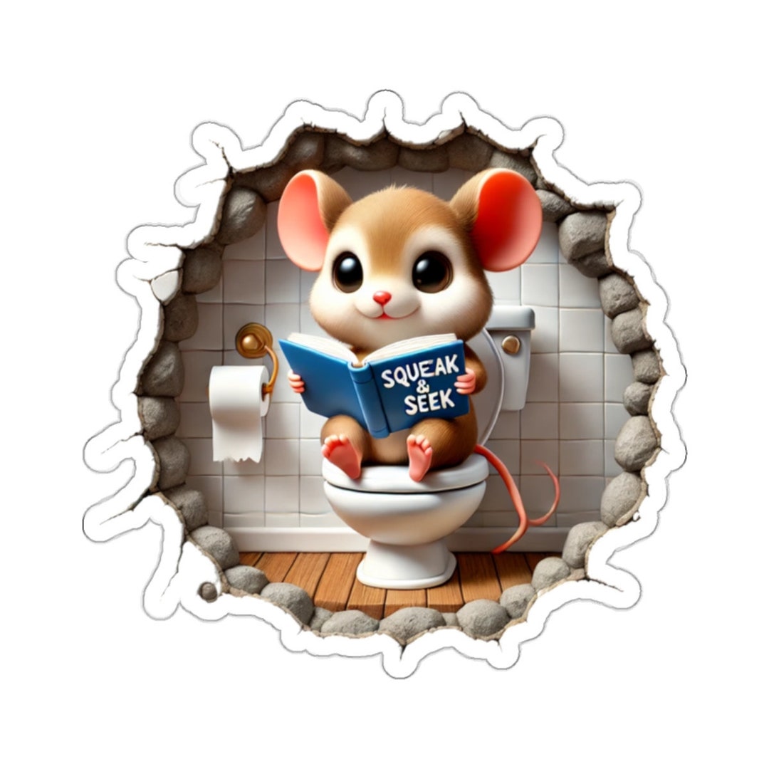 Mouse Reading Book on Toilet Sticker, 3D Mouse Hole Kids Bathroom Bath ...