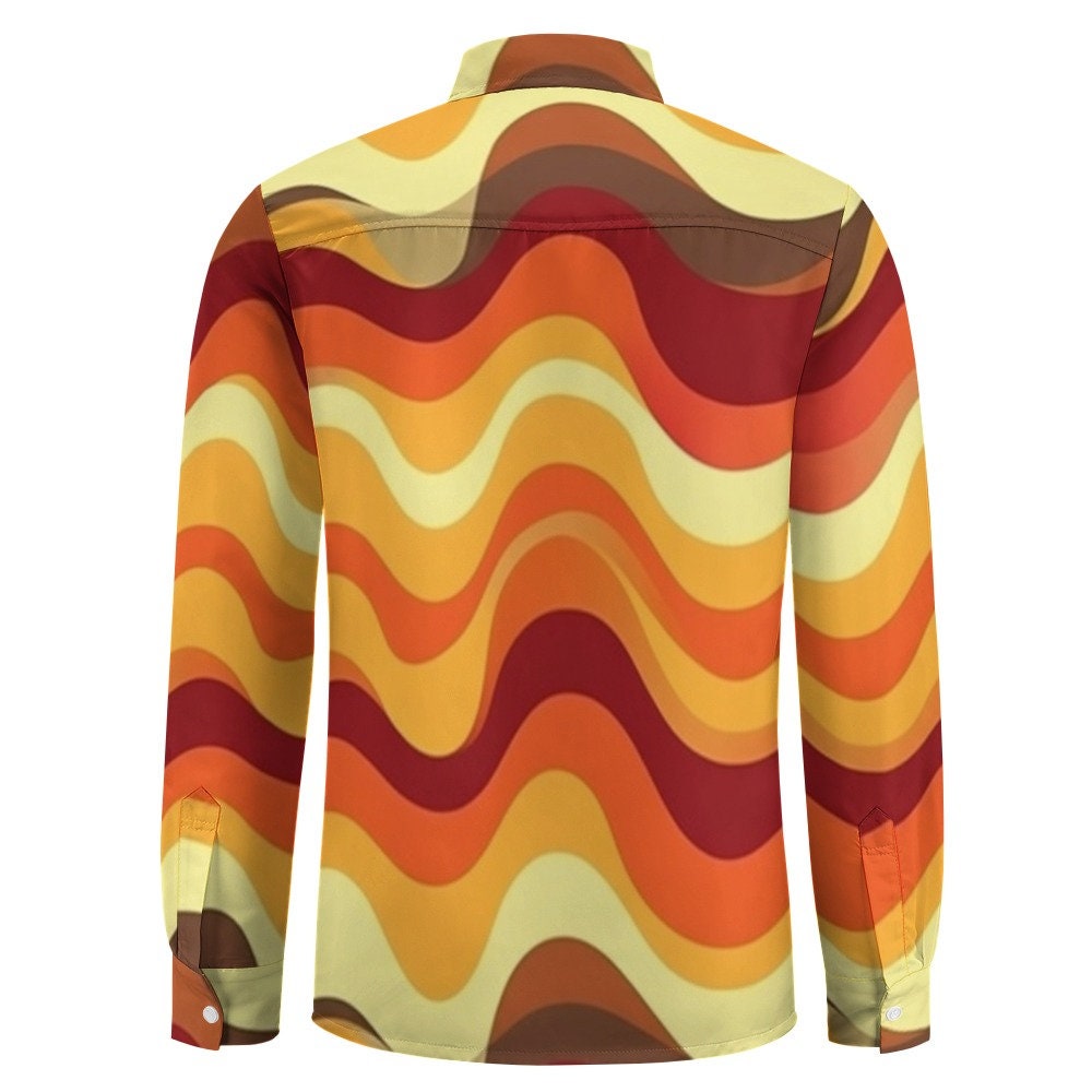 70s Wavy Stripes Long Sleeve Men Button up Shirt, Retro 70s Wavy Stripes Long Sleeve Men Button up Shirt, Retro