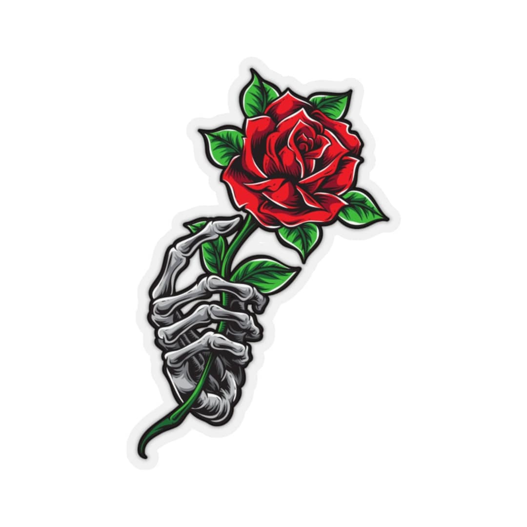 Skeleton Hand Red Rose Sticker, Skull Flower Tattoo Transparent Cute ...