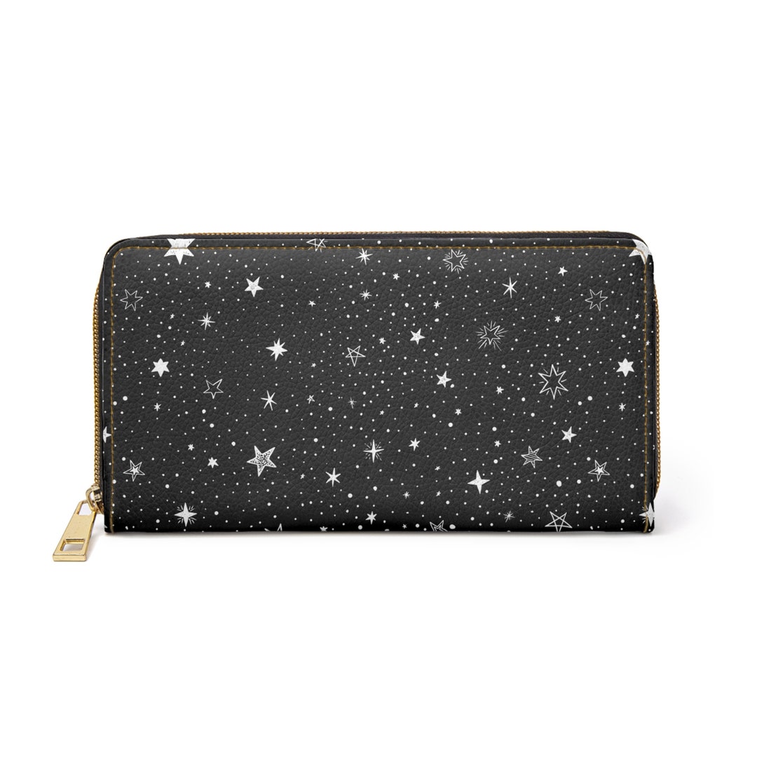 Stars Leather Wallet Women, Space Black Vegan Zipper Zip Around Coins ...