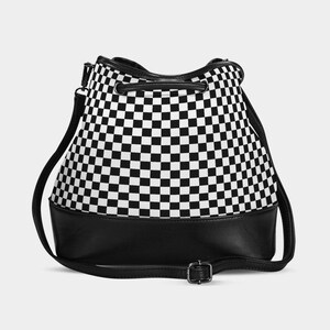 Black White Checkered Mini Bucket Bag, Racing Check Handbag Purse Women ...
