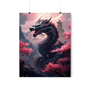 Japanese Black Dragon Poster Print, Cherry Blossom Asian Fantasy Wall ...