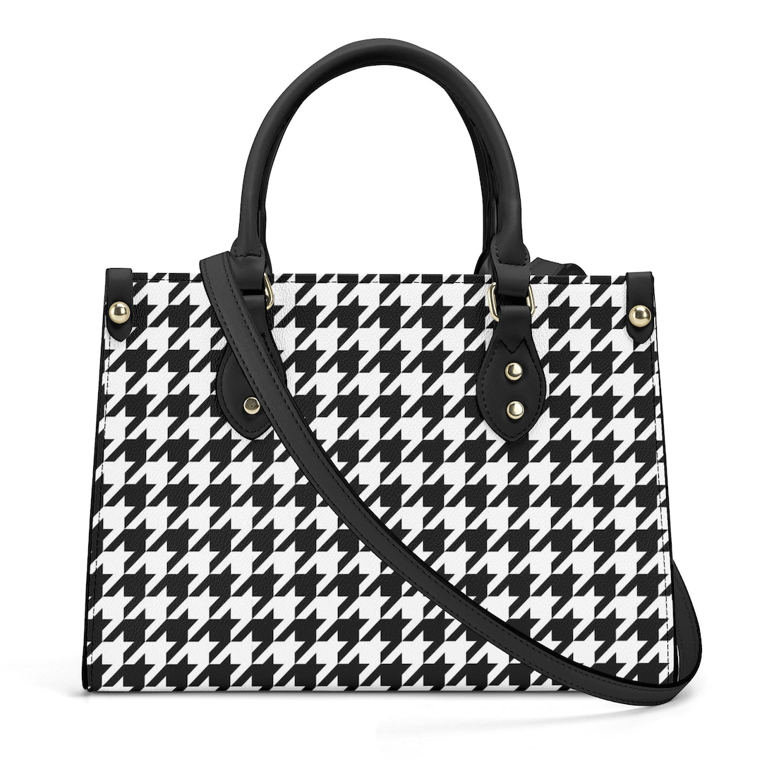 Houndstooth Shoulder Purse, Black White Vegan Leather Top Handle ...