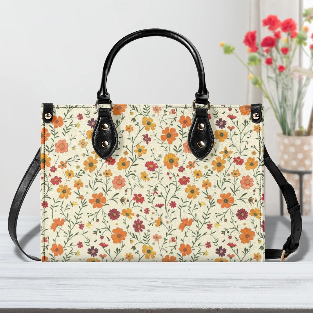 Floral Shoulder Purse, Orange Flowers Summer Spring Leather Handbag ...