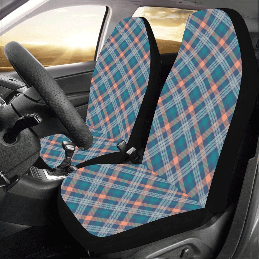 Blue Tartan Plaid Car Seat Covers Set 2 Pc, Orange Check Pattern Front ...