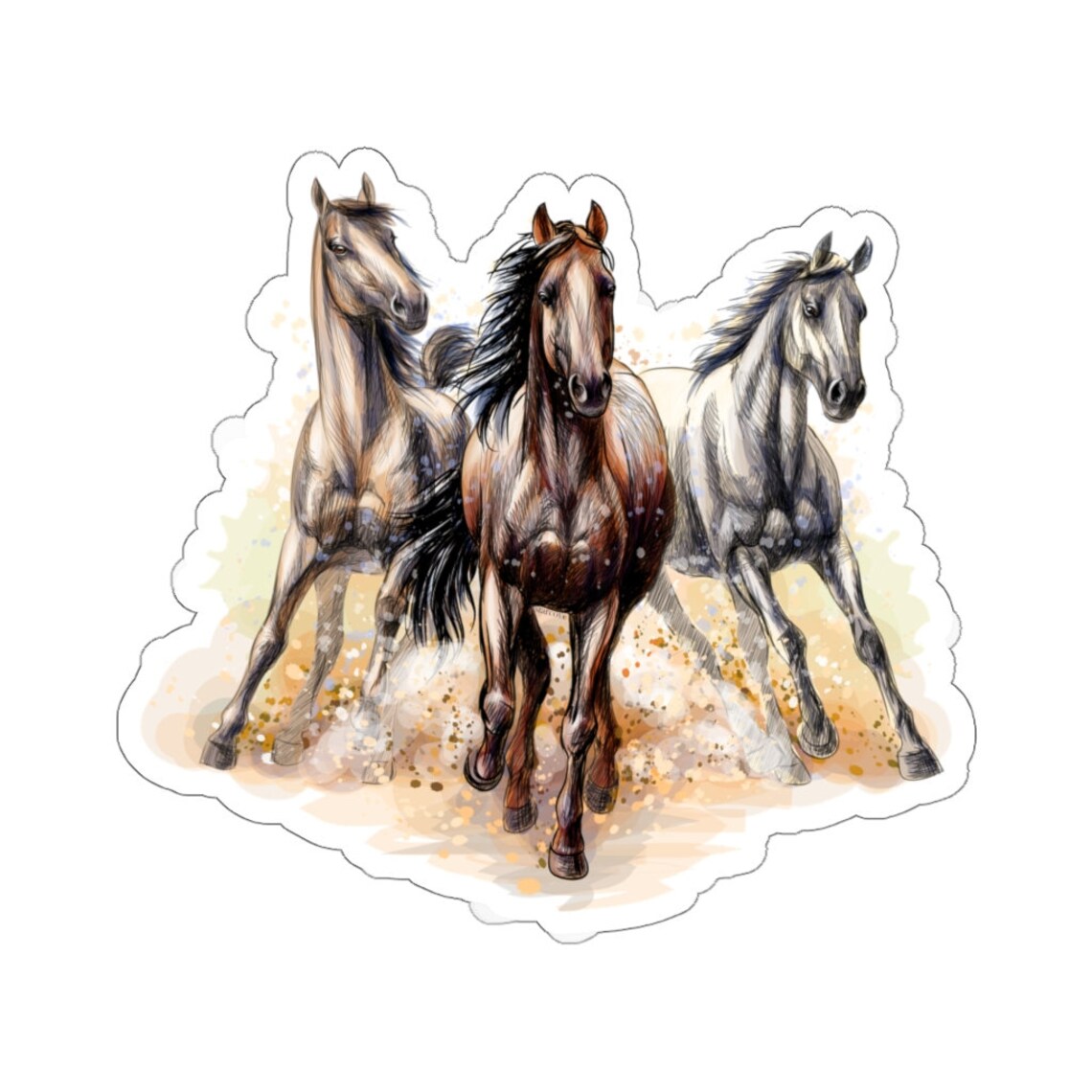 Three Horses Sticker Gallop Running Watercolor Cute Decal - Etsy