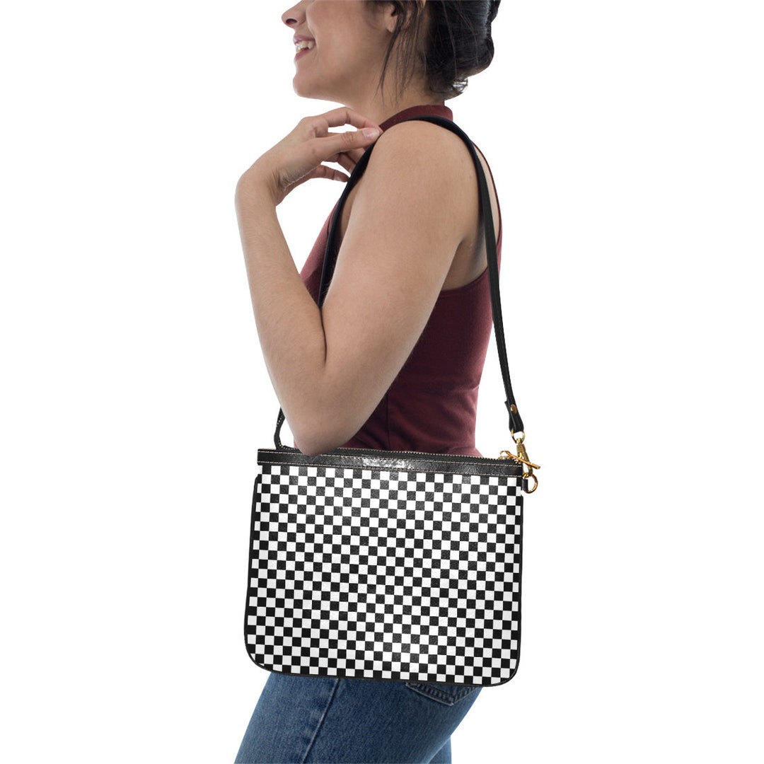 Check Print Small Shoulder Bag, Black White Checkered Women Leather ...