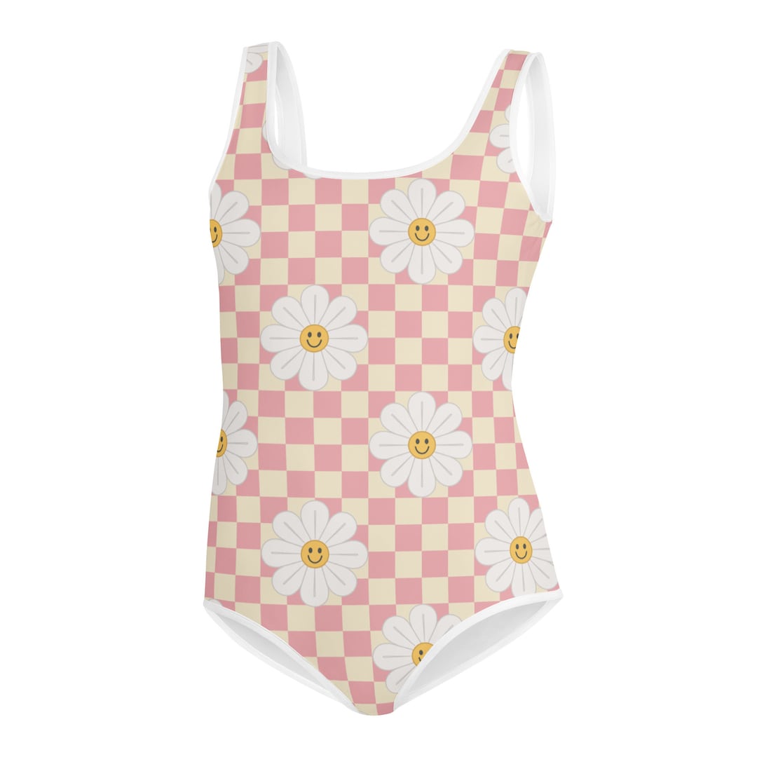 Groovy Checkered Girls Swimsuits (8 - 20), Pink Chamomile Flower Kids ...