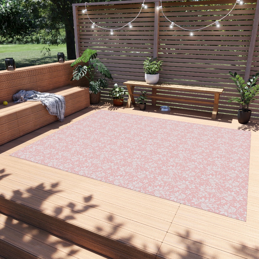 Pink and White Outdoor Area Rug, Floral Flowers Waterproof Carpet Floor ...