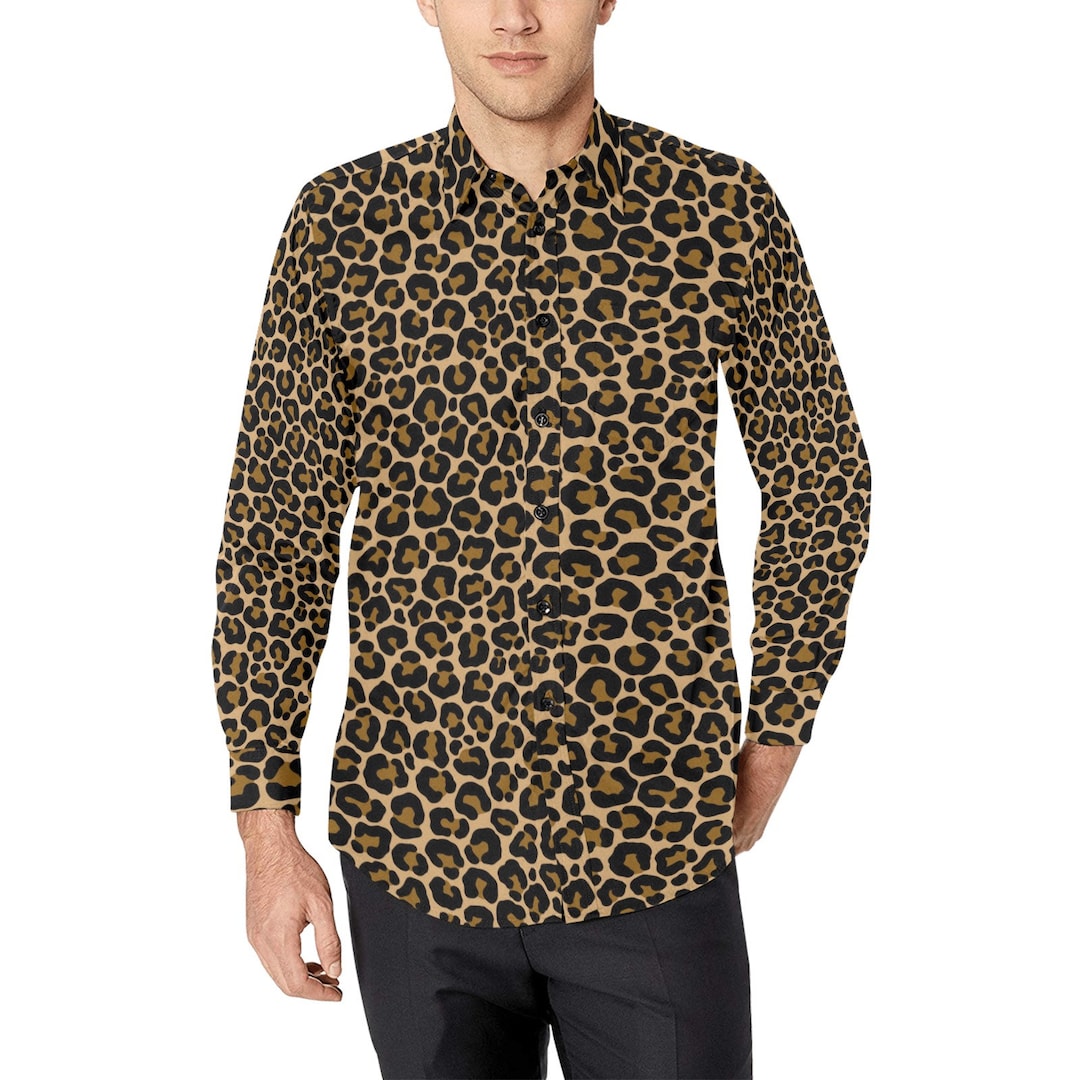 Leopard Men Button up Shirt, Brown Long Sleeve Cheetah Animal Print ...