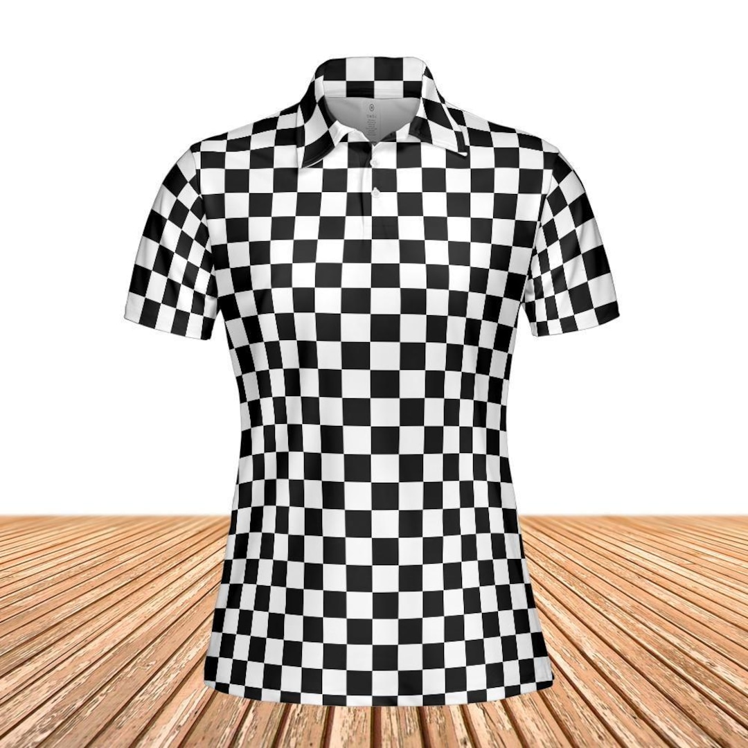 Checkered Women Polo Shirt, Black White Check Racing Flag Slim Fit ...