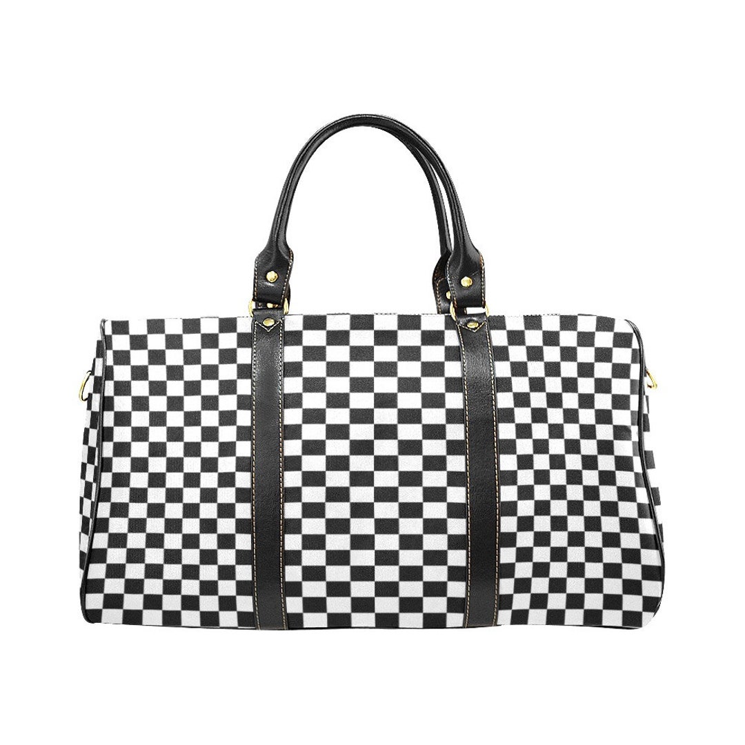Checkered Travel Duffle Bag, Black White Check Waterproof Top Zipper ...