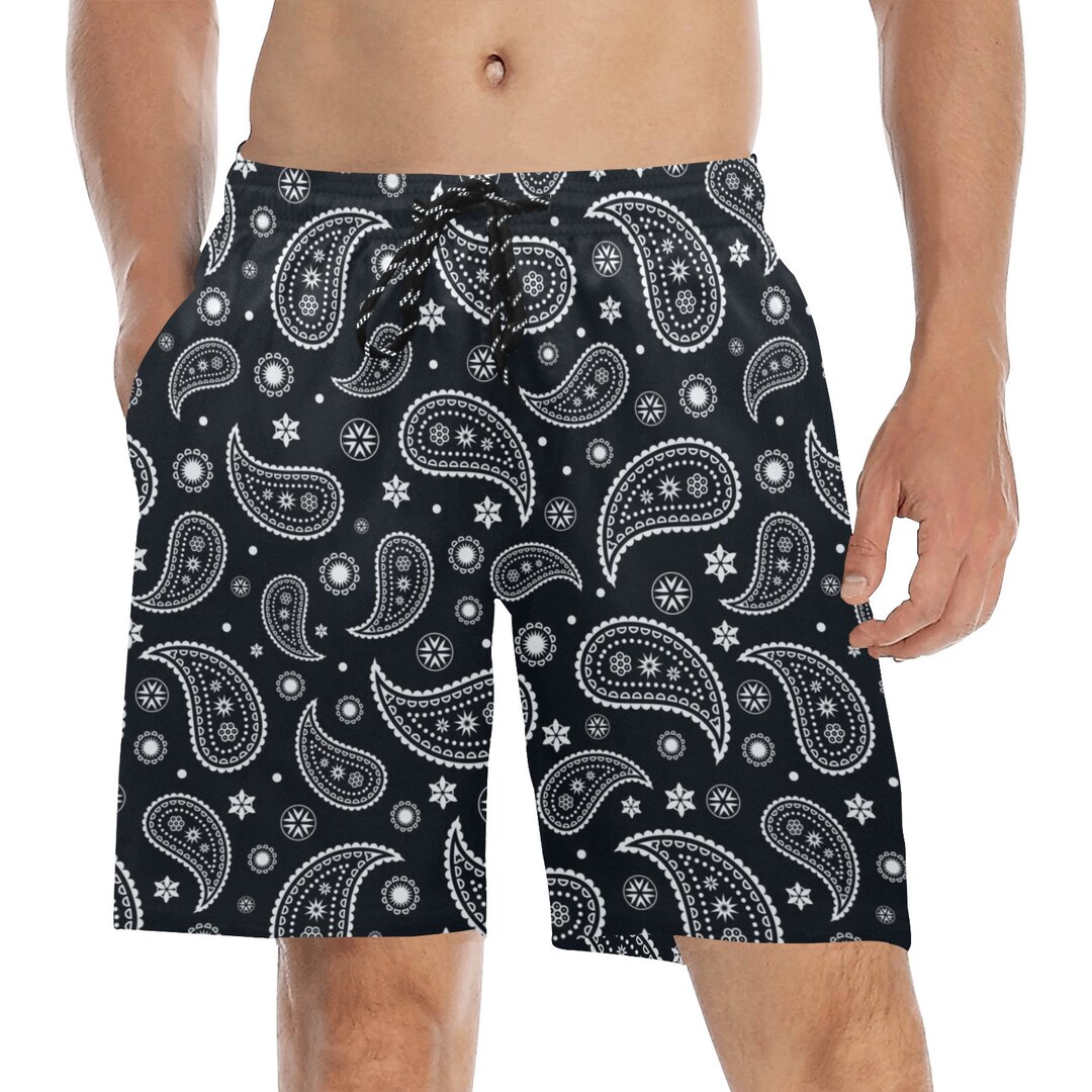 Black Paisley Men Swim Trunks, Bandana Mid Length Shorts Beach Pockets ...