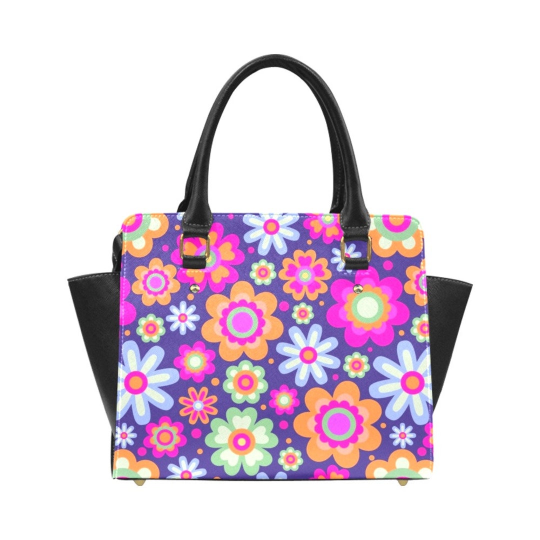 Groovy Pink Purse Handbag, Cute Retro Floral Flowers High Grade Vegan ...