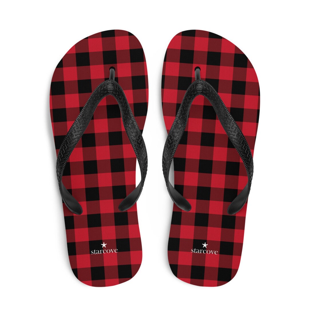 Red Buffalo Plaid Flip Flops, Black Checkered Check Square Pattern ...