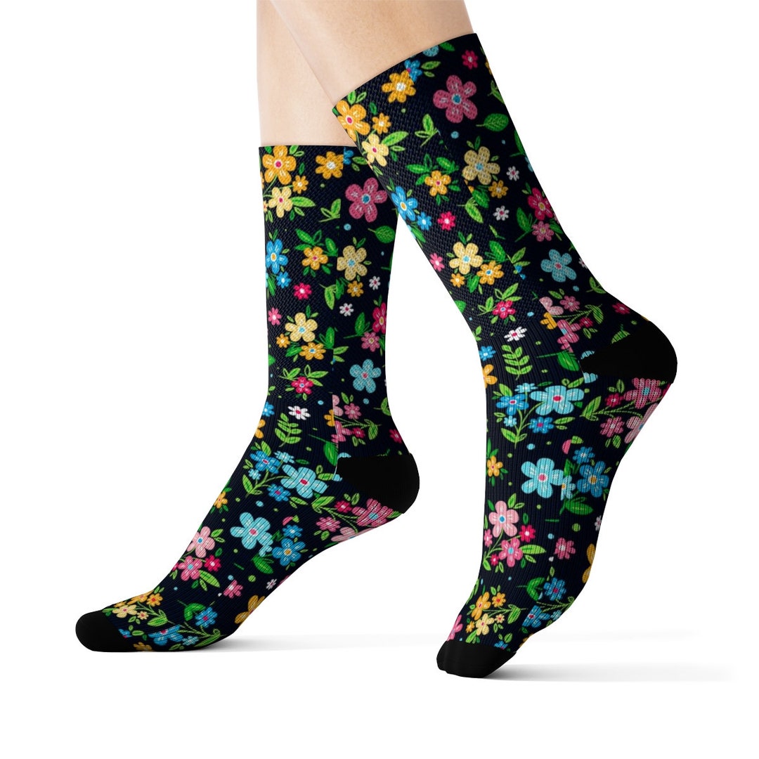 Floral Socks, Black Pattern 3D Sublimated Crew Socks Flowers ...
