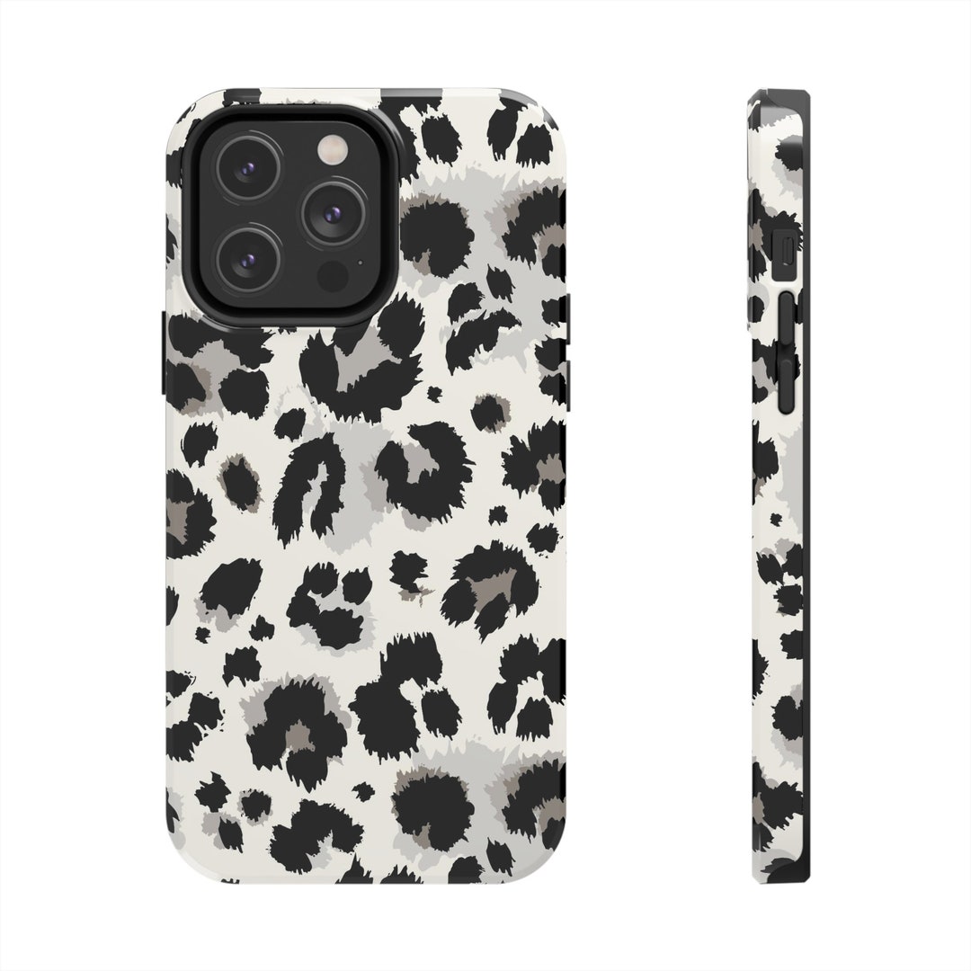 Snow Leopard iPhone 14 13 12 11 Pro Max Case, White Black Tough Cell Phone Animal Print Cute ...