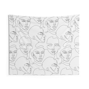 One Line Faces Tapestry, Modern Abstract White Landscape Indoor Wall ...