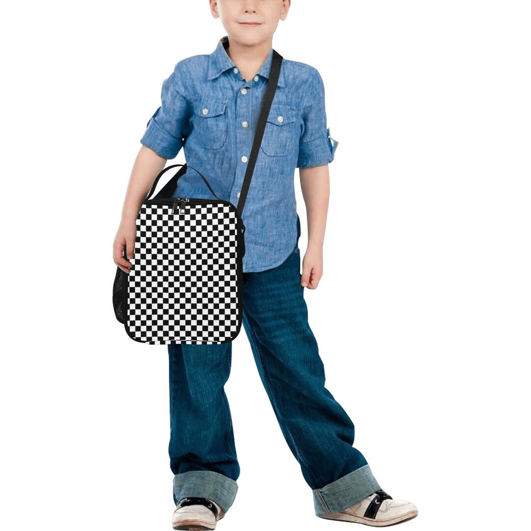 Checkered Insulated Kids Lunch Tote Box Bag, Black White Check Cute ...