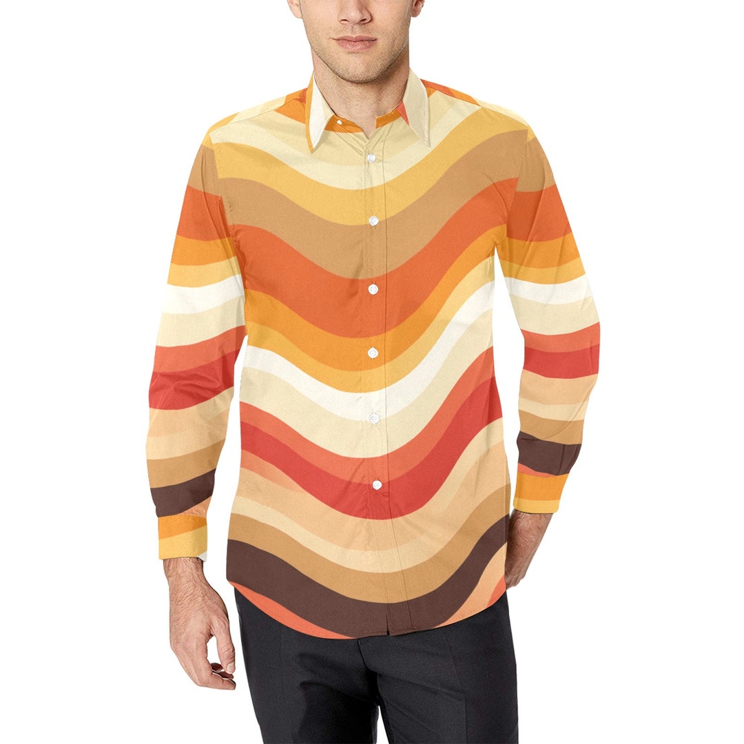 70s Retro Striped Long Sleeve Men Button up Shirt, Wavy Vintage ...