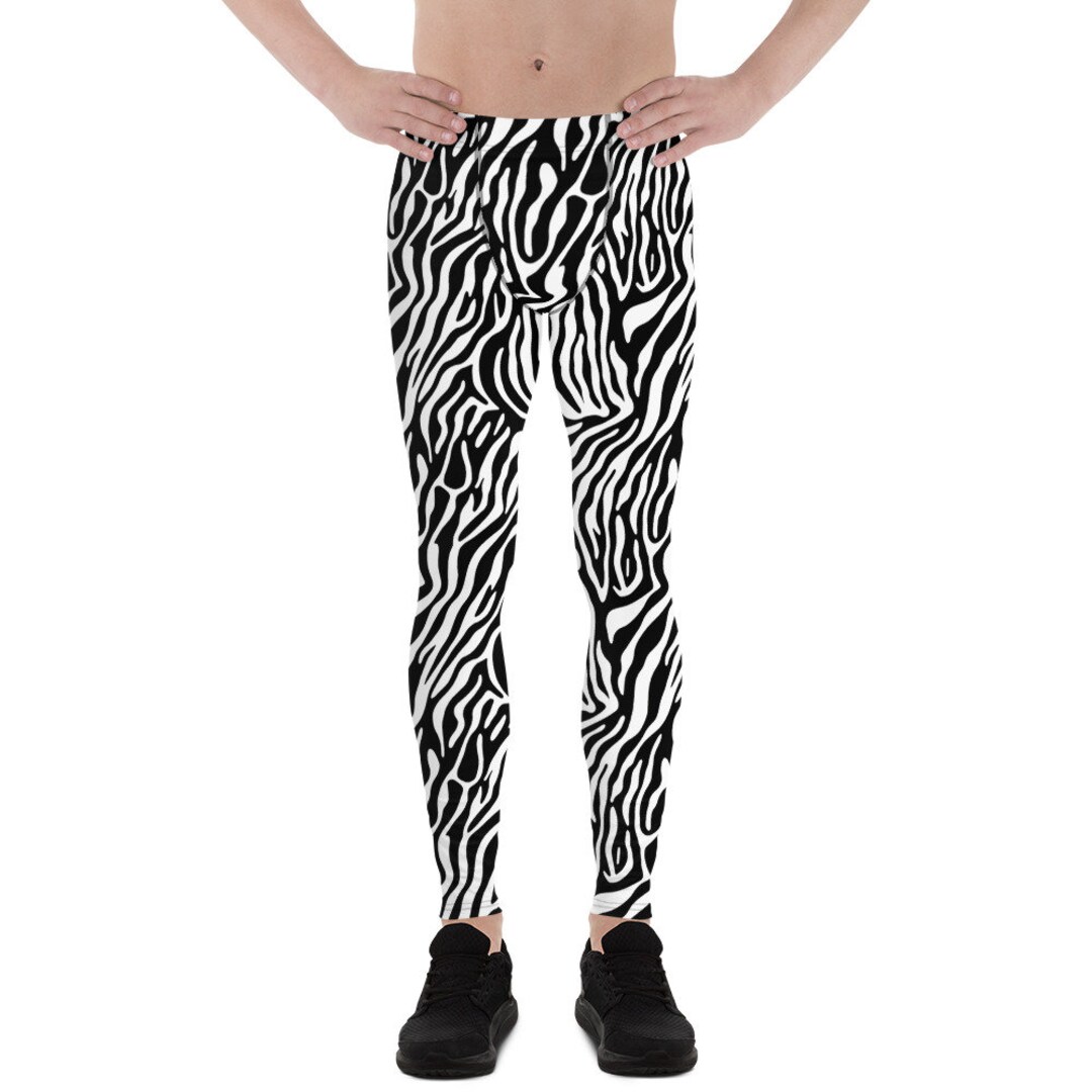 Zebra Men Leggings, Striped Black White Animal Print Guys Male Yoga ...