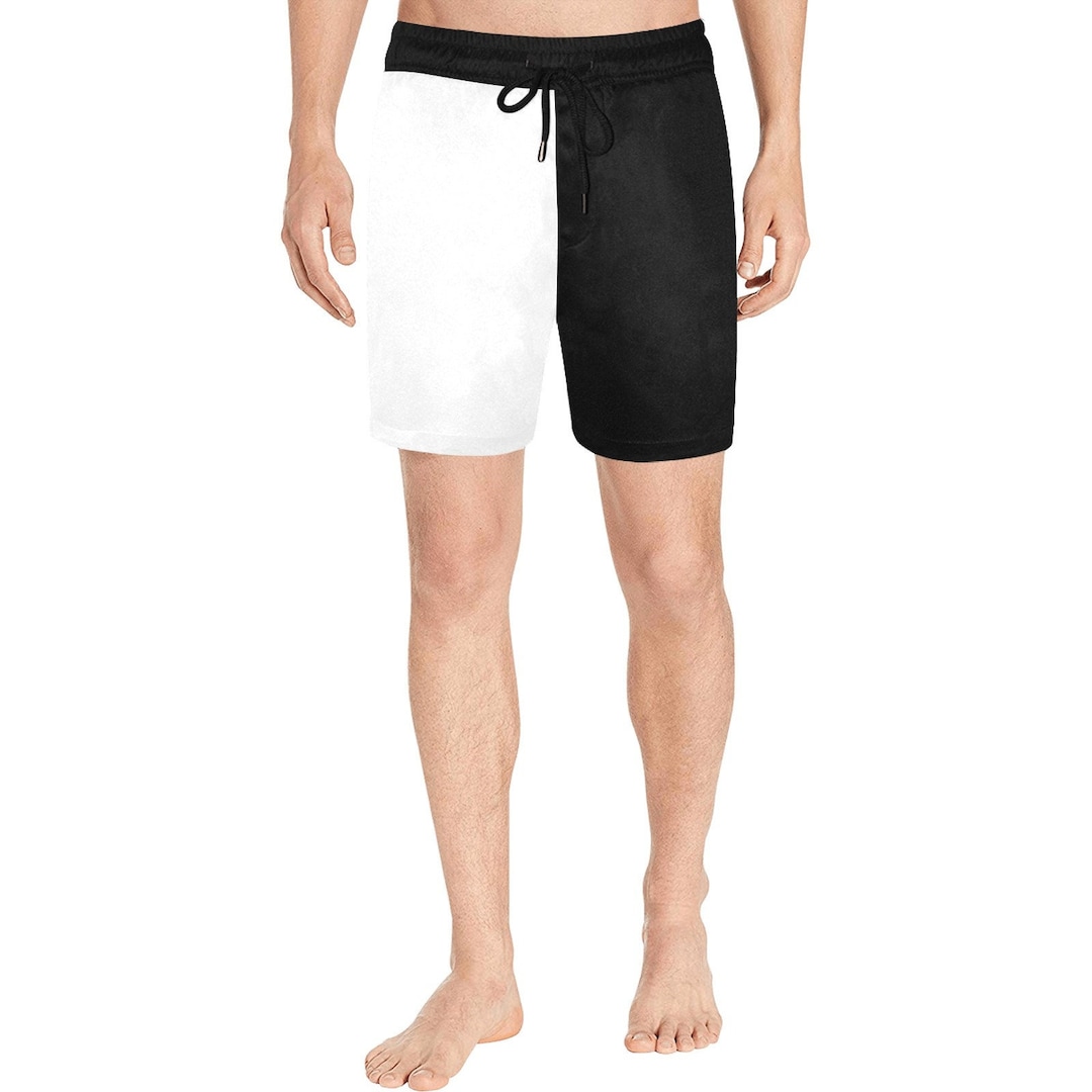 Half Black Half White Men Swim Trunks Shorts, Two Tone Mid Length Beach ...