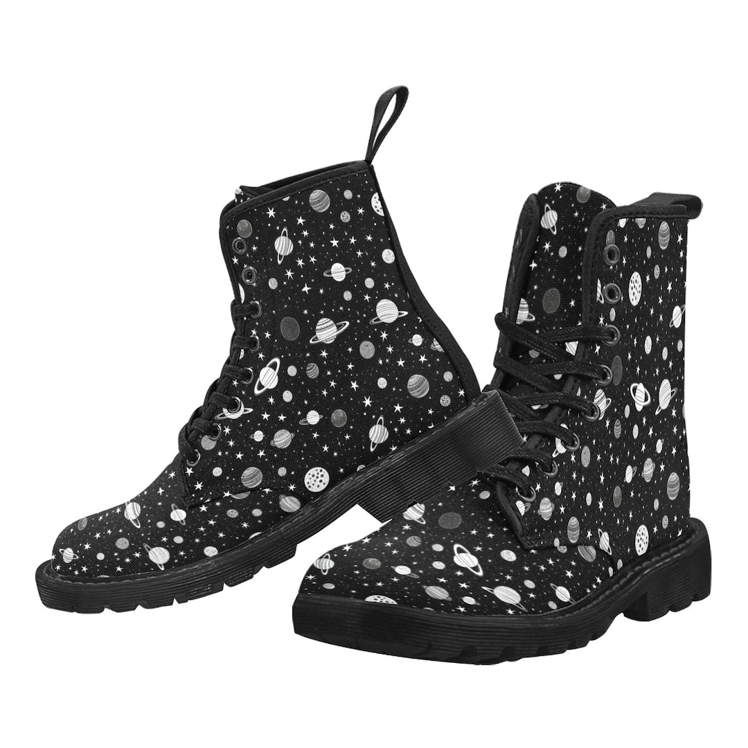 Planets Stars Women Boots, Space Galaxy Universe Vegan Canvas Lace up ...