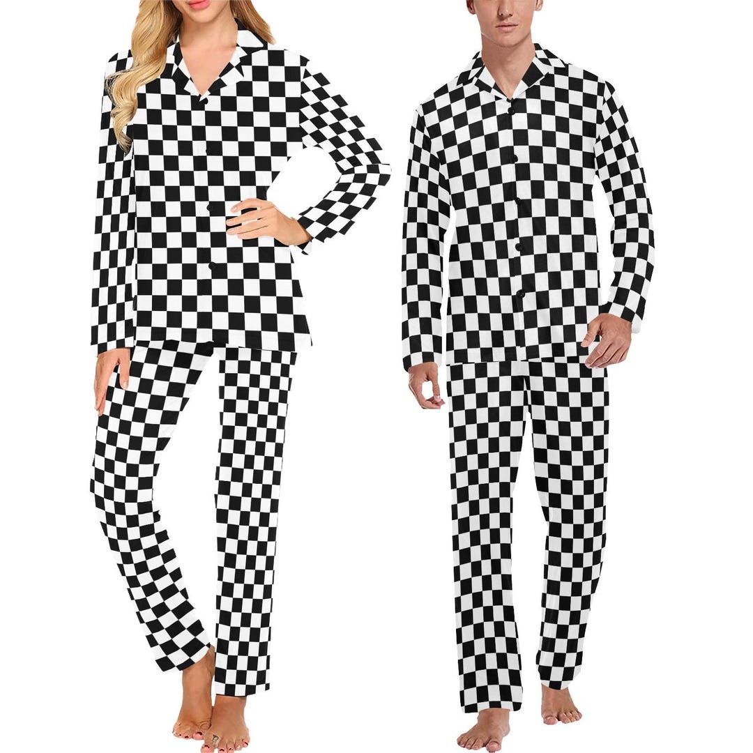 Checkered Pajamas Set, Black White Check Checkerboard Matching Family ...
