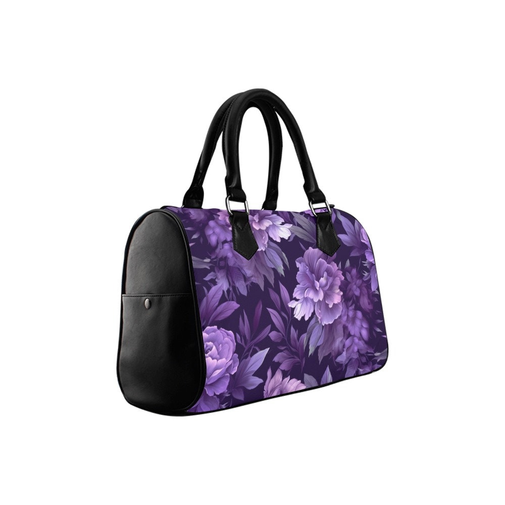 Dark Purple Floral Print Handbag Purse, Cute Flowers Art Top Zipper ...