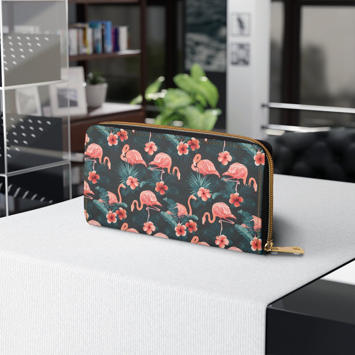 Pink Flamingo Leather Wallet Women, Floral Vegan Zipper Zip Around ...