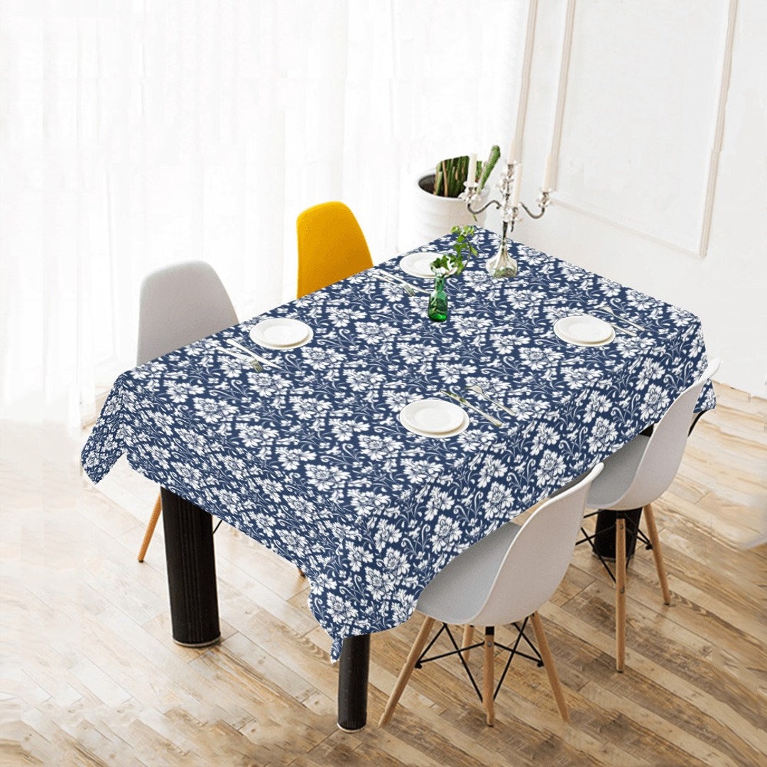 Blue Damask Tablecloth, Linen Rectangle Home Decor Decoration Cloth ...