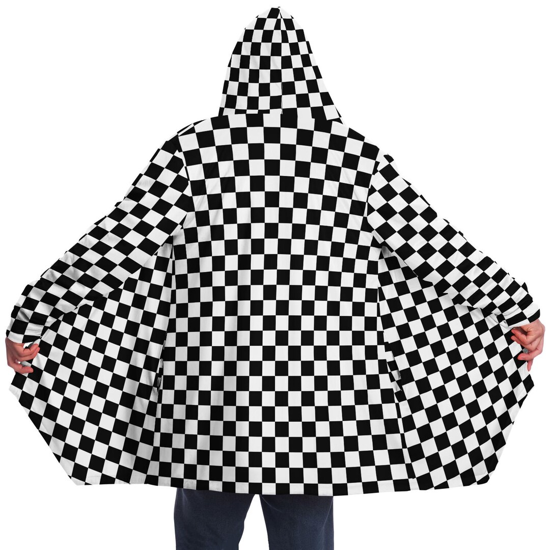 Checkered Hooded Cloak, Black White Check Men Women Modern Winter Warm ...