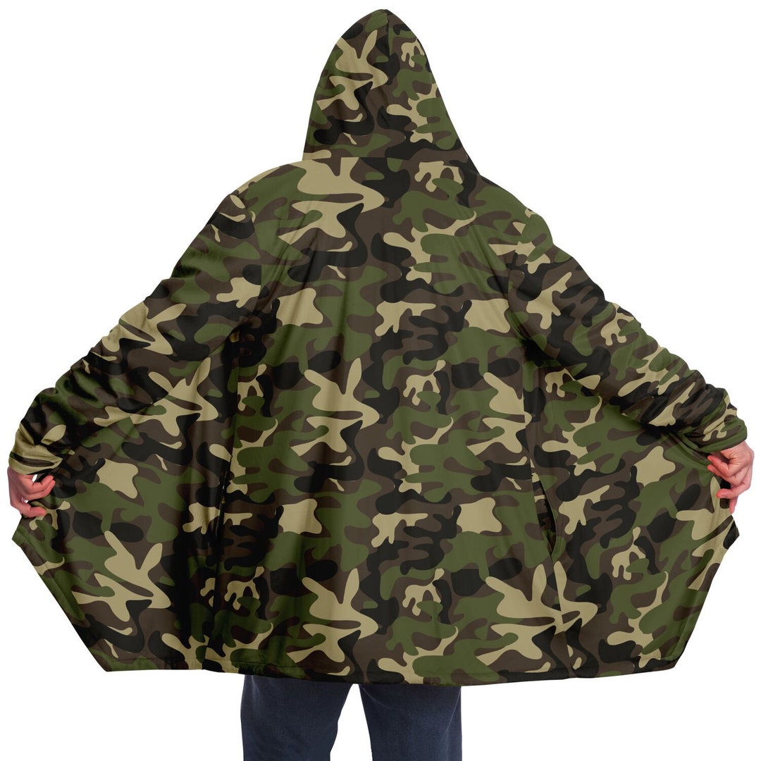 Green Camo Hooded Cloak, Camouflage Men Women Male Ladies Modern Winter ...