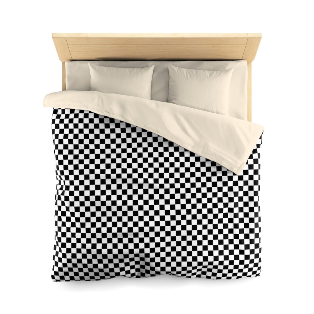 Black White Check Duvet Cover, Checkered Racing Squares Microfiber Full ...