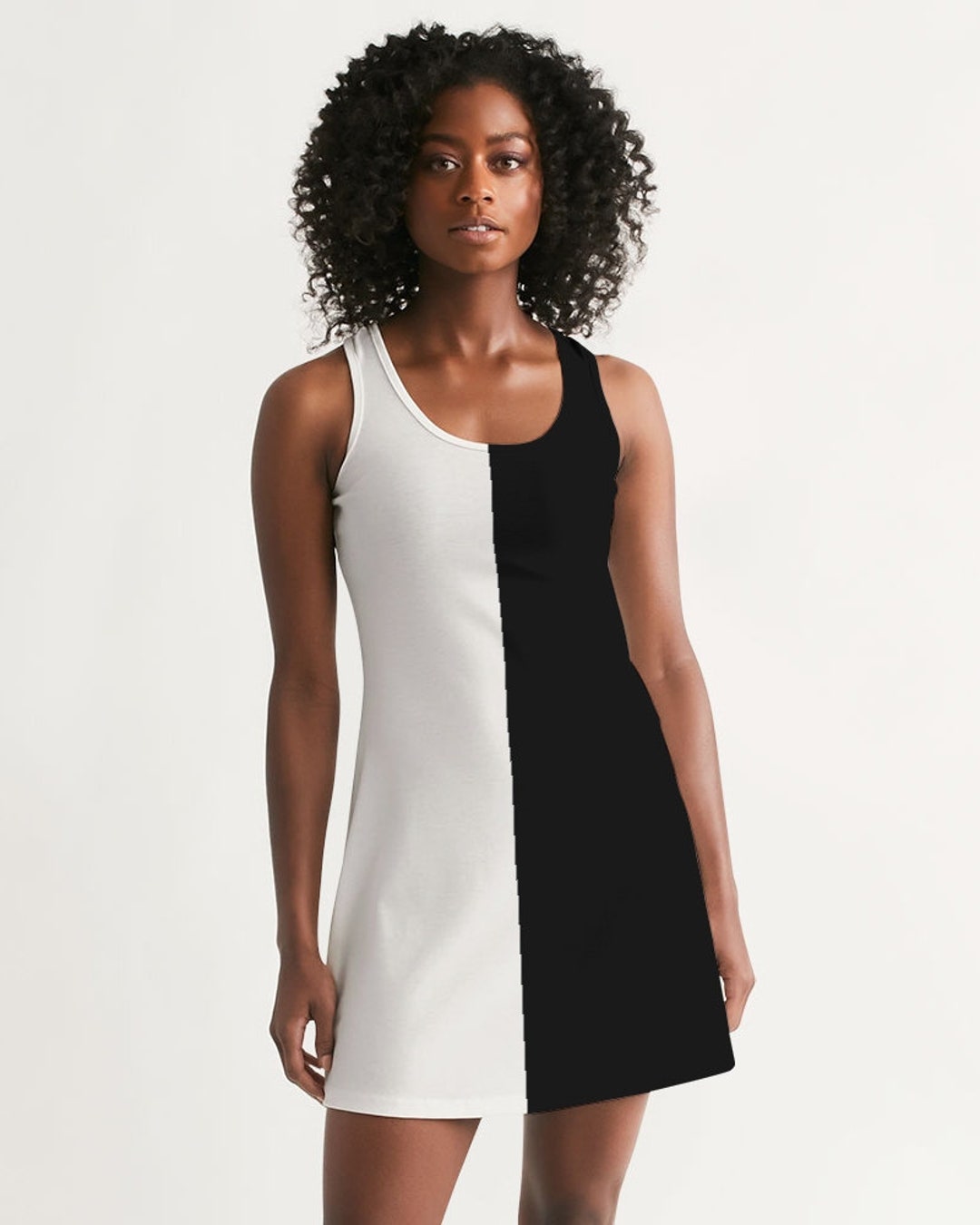 Half Black and White Women Halter Dress, Two Color Block Split 2 Tone ...