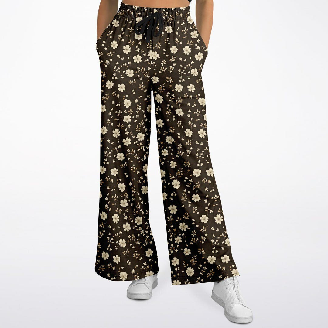 Brown Floral Wide Leg Jogging Pants, Flowers Ditsy Flare Sweatpants ...