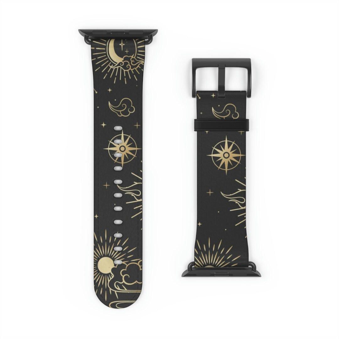 Moon Stars Apple Watch Wrist Band, Black Witchy Celestial Vegan Faux ...