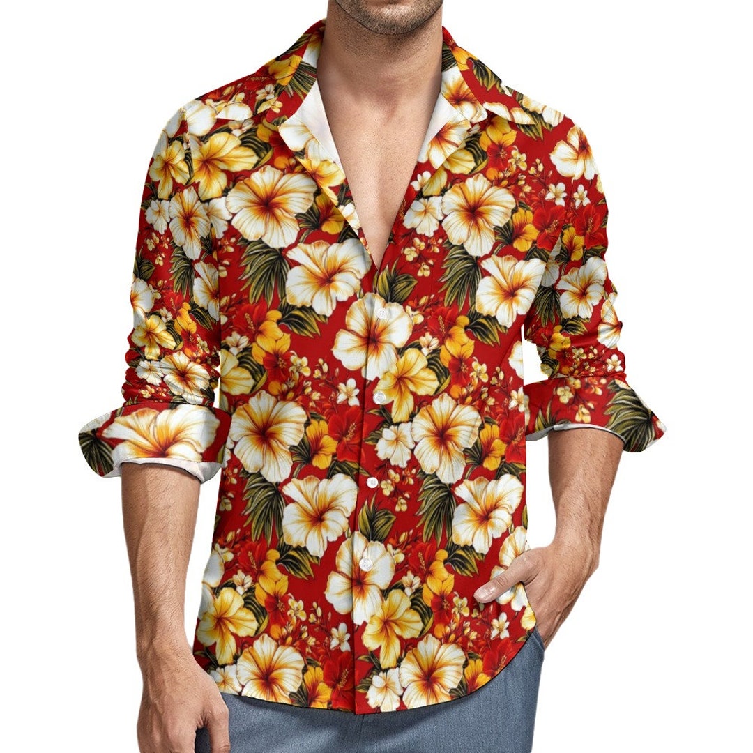Red Hawaiian Flowers Long Sleeve Men Button up Shirt, Floral Retro ...