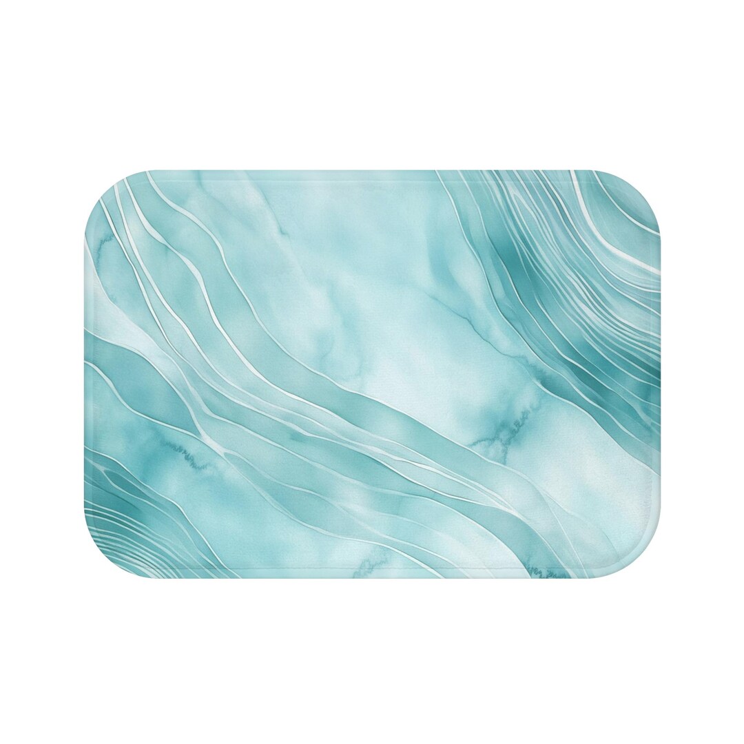 Aqua Blue Bath Mat, Marble Print Quick Dry Luxury Memory Foam Cute ...