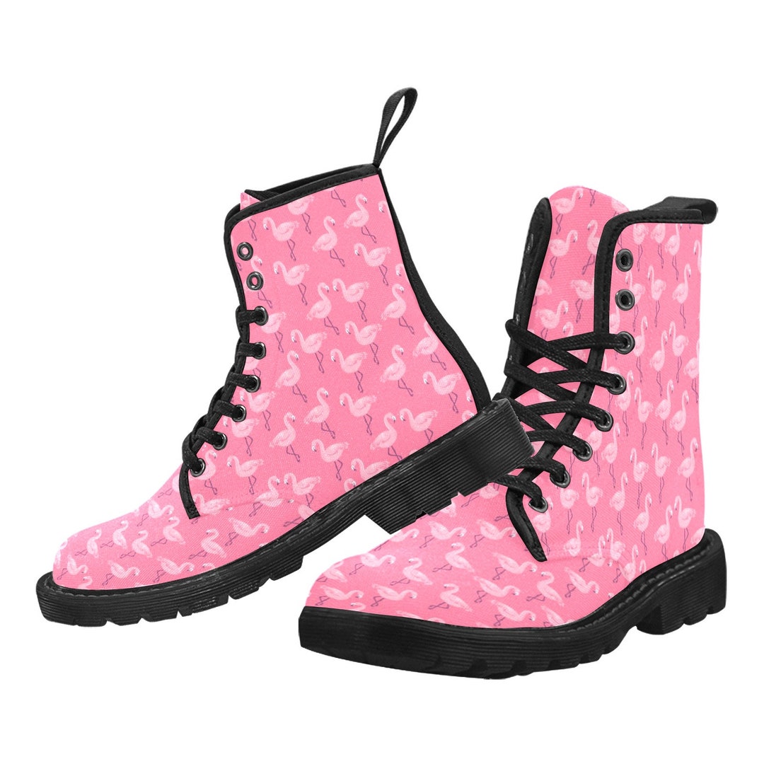 Pink Flamingo Women's Boots, Tropical Vegan Canvas Lace up Shoes Print ...